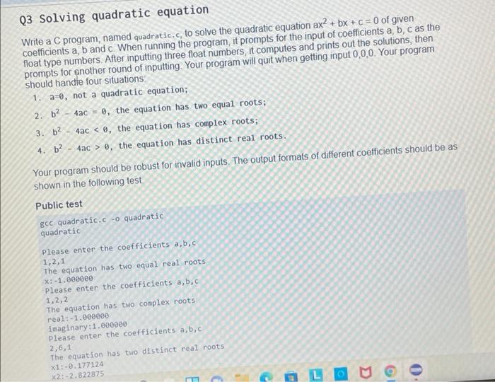 Solved 2. 6² Q3 Solving quadratic equation Write a C | Chegg.com