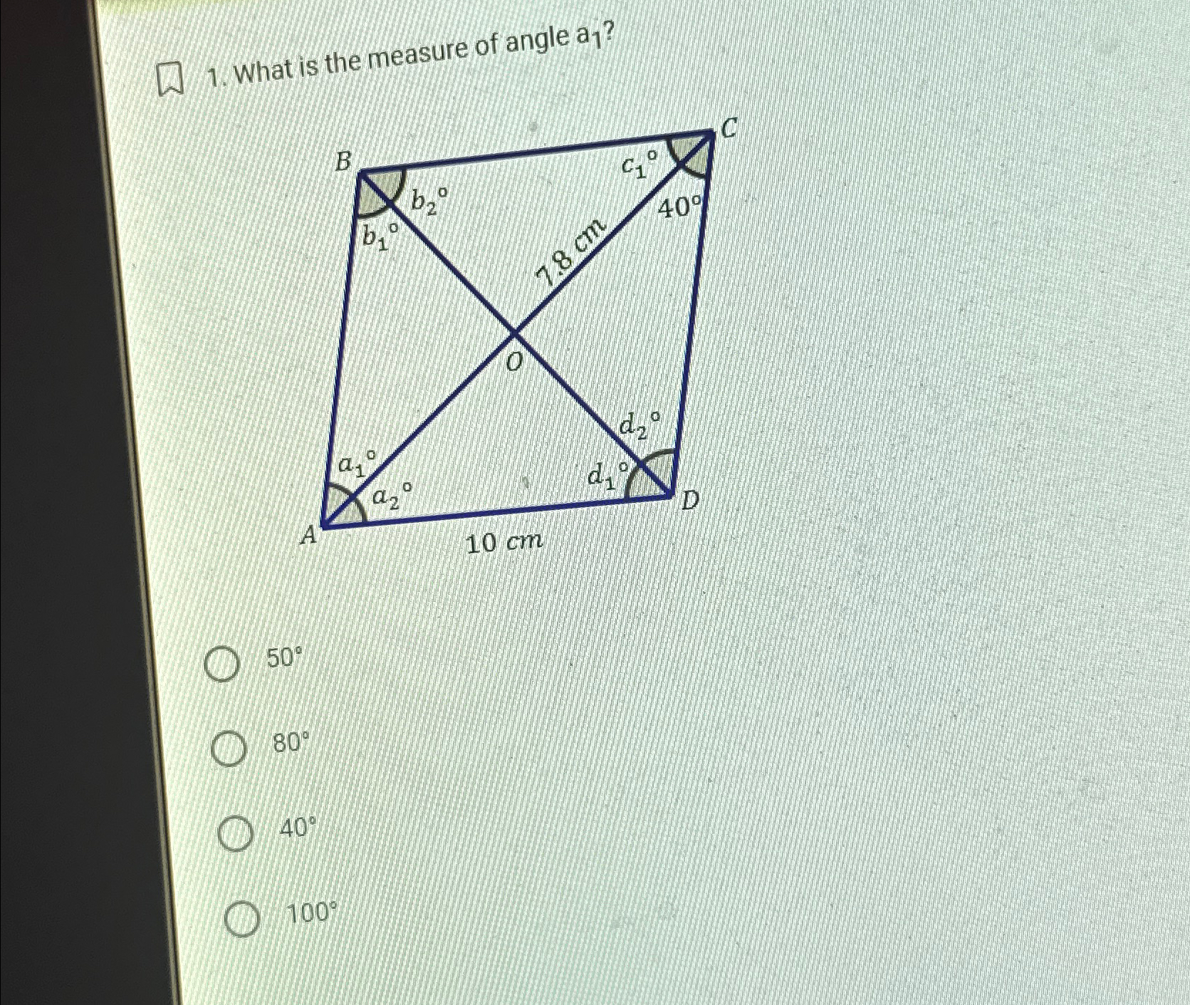 Solved What is the measure of angle a1 ?50°80°40°100° | Chegg.com