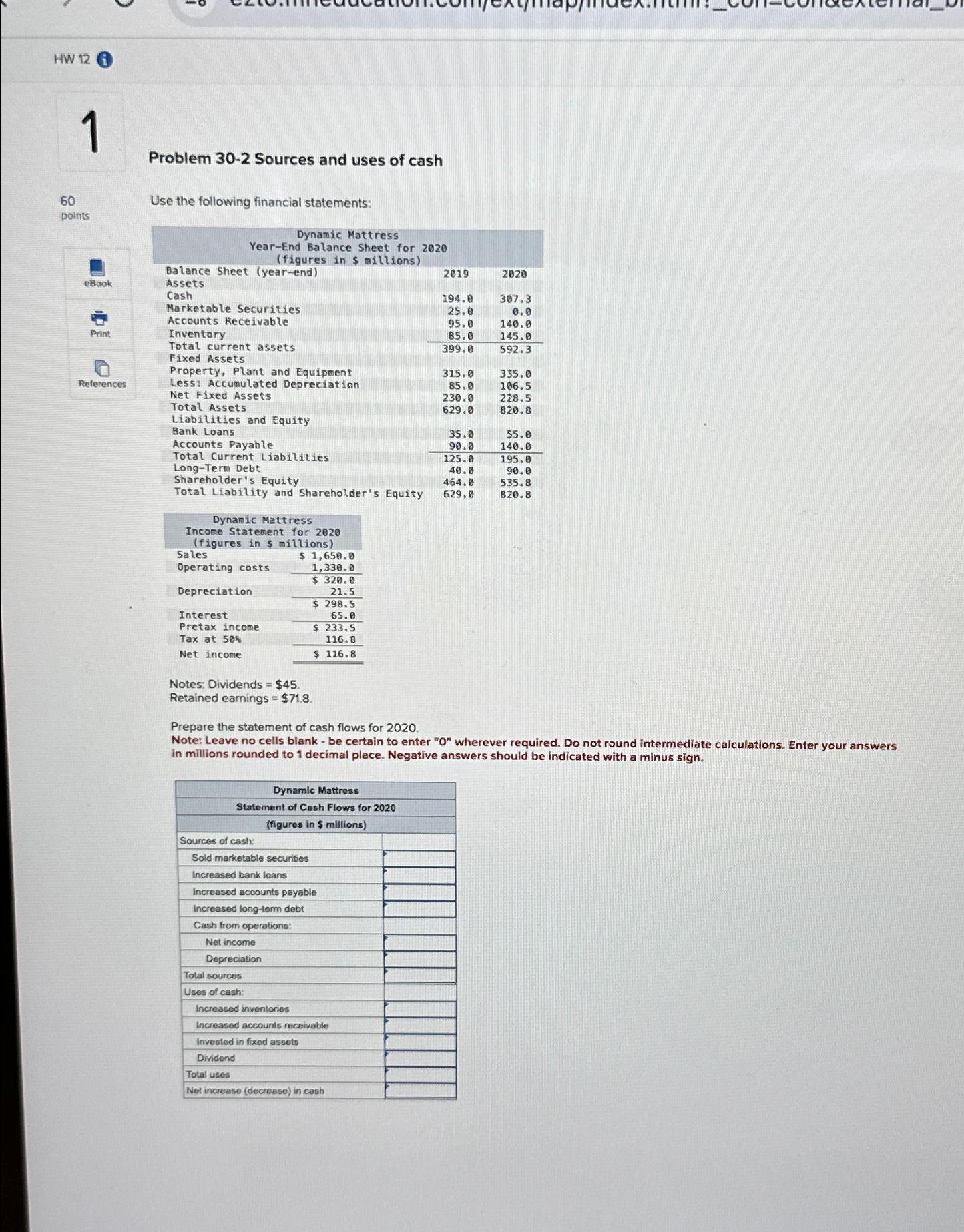 Solved HW 12 ﻿i1Problem 30-2 ﻿Sources and uses of | Chegg.com