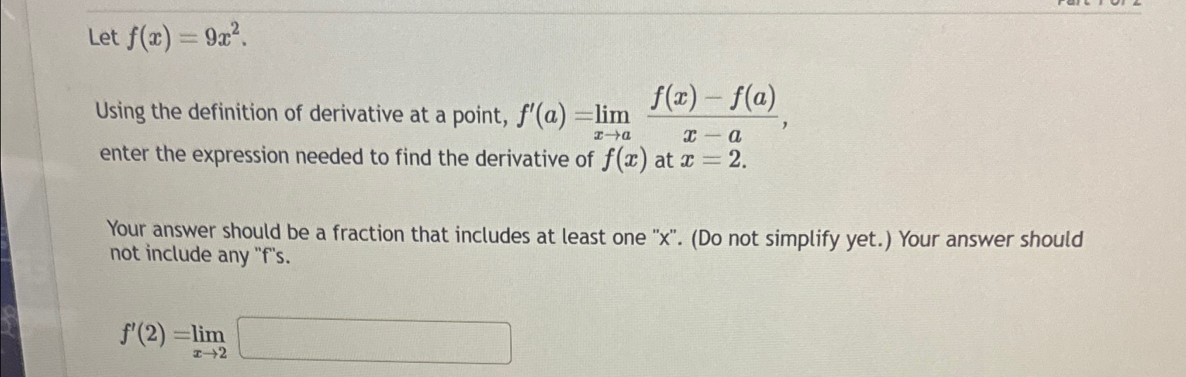 Solved Let f(x)=9x2.Using the definition of derivative at a | Chegg.com