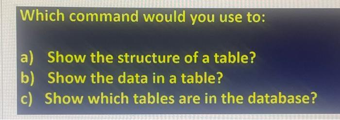 Solved Which command would you use to: a) Show the structure | Chegg.com