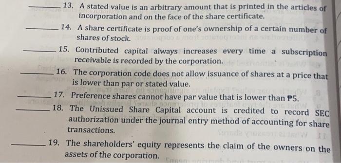 Solved 13. A stated value is an arbitrary amount that is | Chegg.com