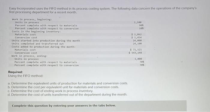 Solved Easy Incorporated uses the FIFO method in its process | Chegg.com