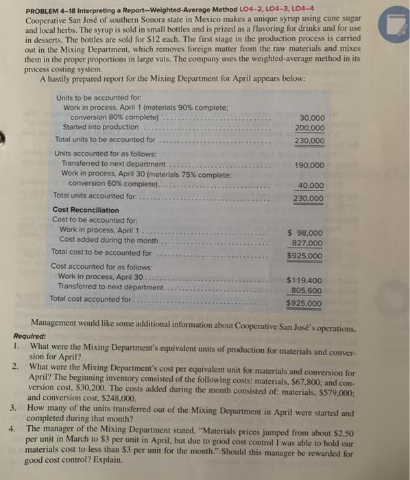 Solved PROBLEM 4-18 Interpreting a Report--Weighted Average | Chegg.com
