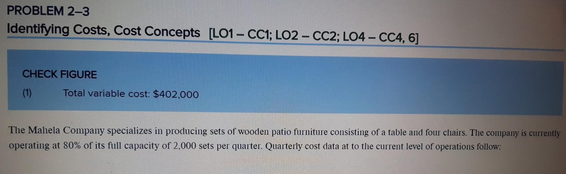 Solved PROBLEM 2-3 Identifying Costs, Cost Concepts [LO1 - | Chegg.com