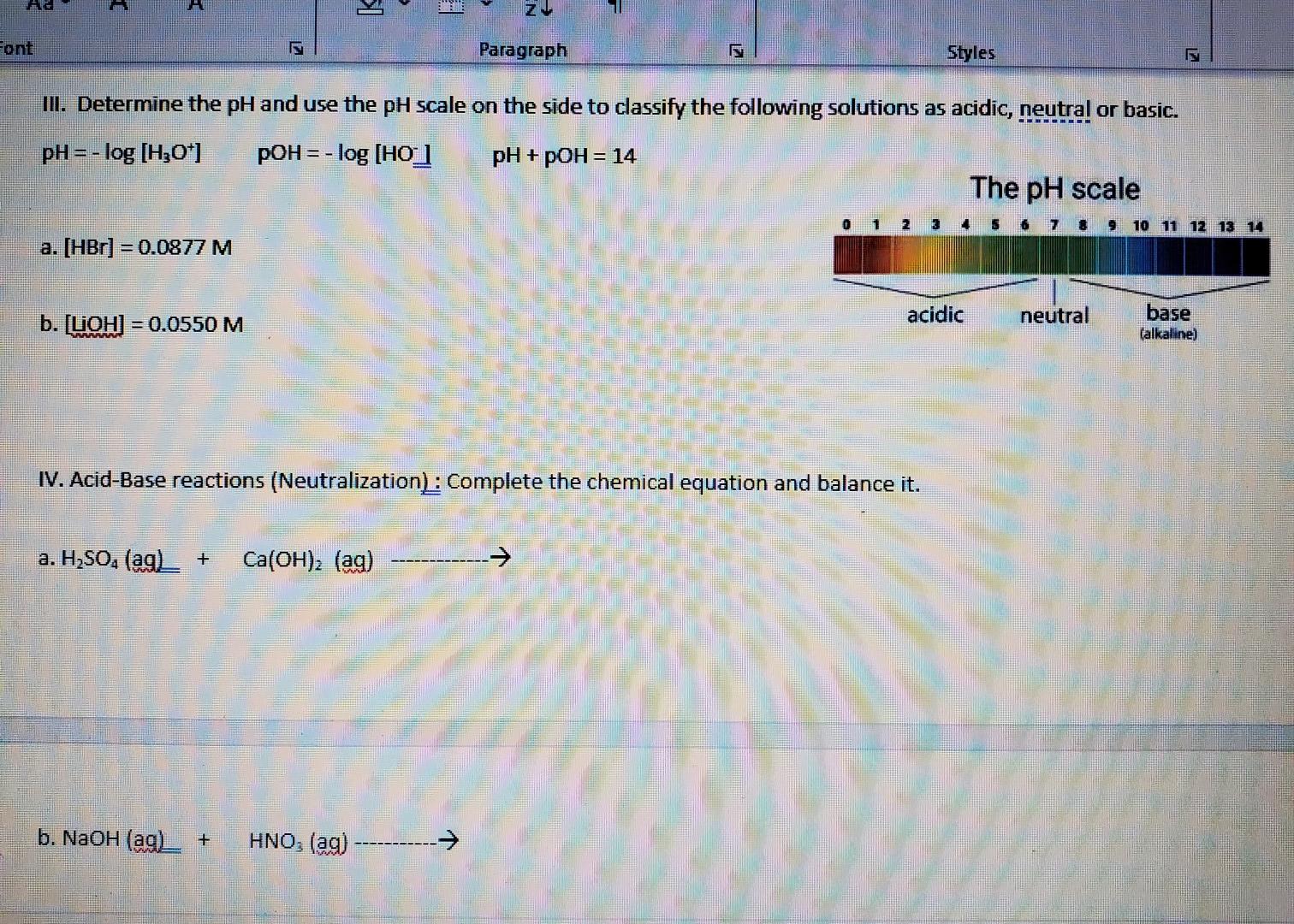 Solved A A 51 Font Paragraph Styles III. Determine the pH | Chegg.com