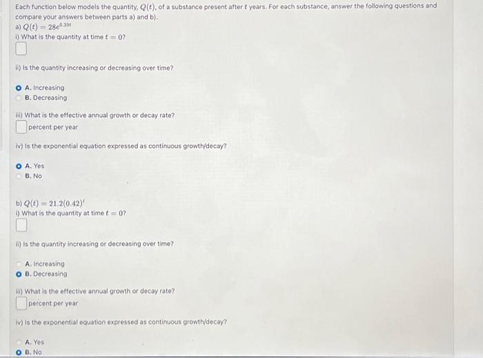 Solved Each function below models the quantity, Q(t), of a | Chegg.com