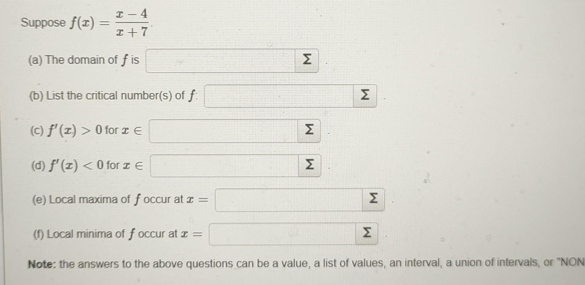 Solved Suppose f(x)=x+7x−4 (a) The domain of f is (b) List | Chegg.com
