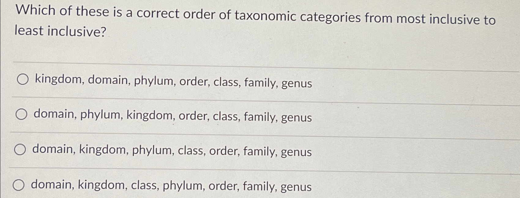 Solved Which of these is a correct order of taxonomic | Chegg.com