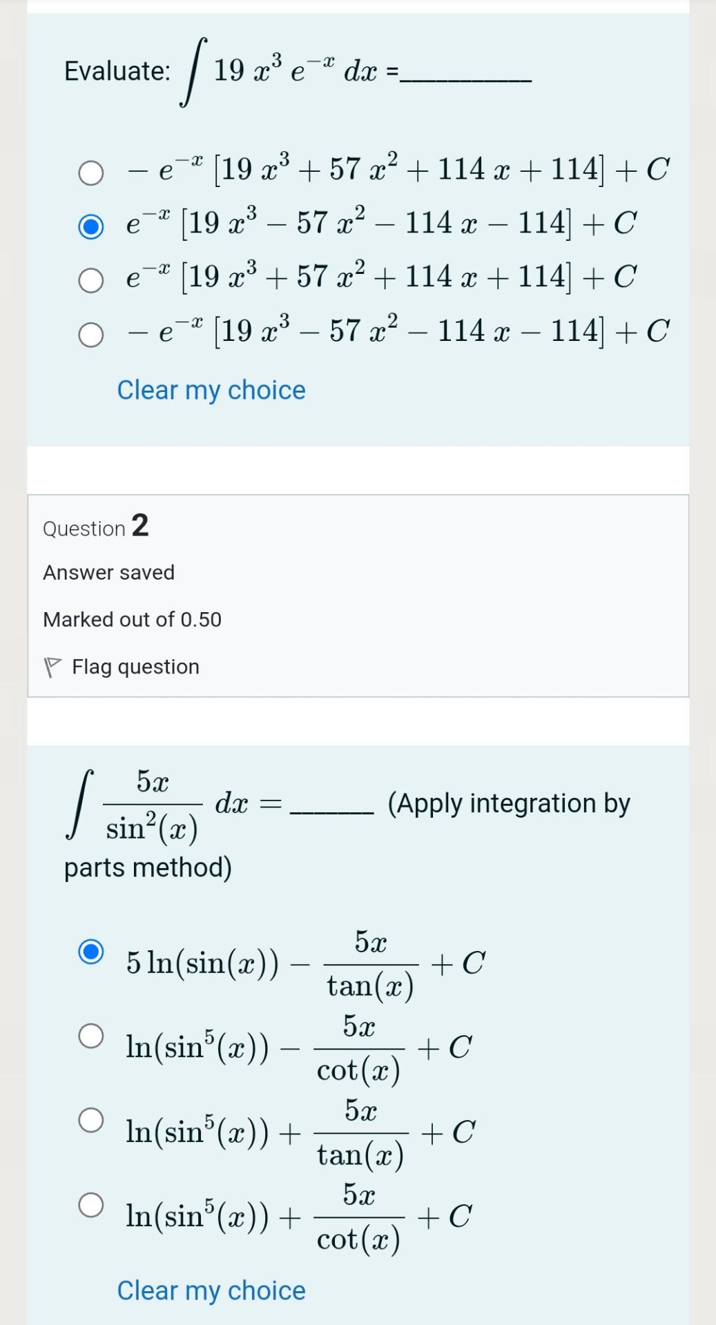 Solved Evaluate: ∫19x3e−xdx= −e−x[19x3+57x2+114x+114]+C | Chegg.com