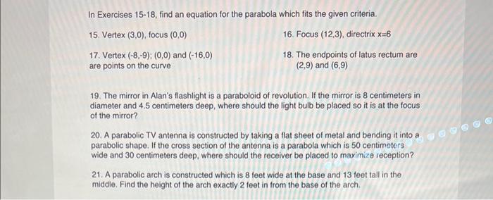 Solved In Exercises 15-18, find an equation for the parabola | Chegg.com
