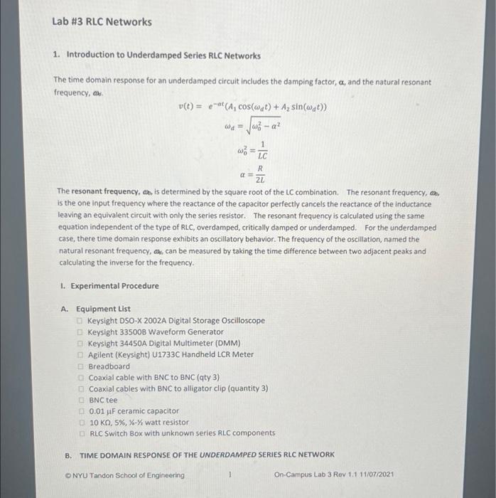 Solved Lab #3 RLC Networks 1. Introduction to Underdamped | Chegg.com