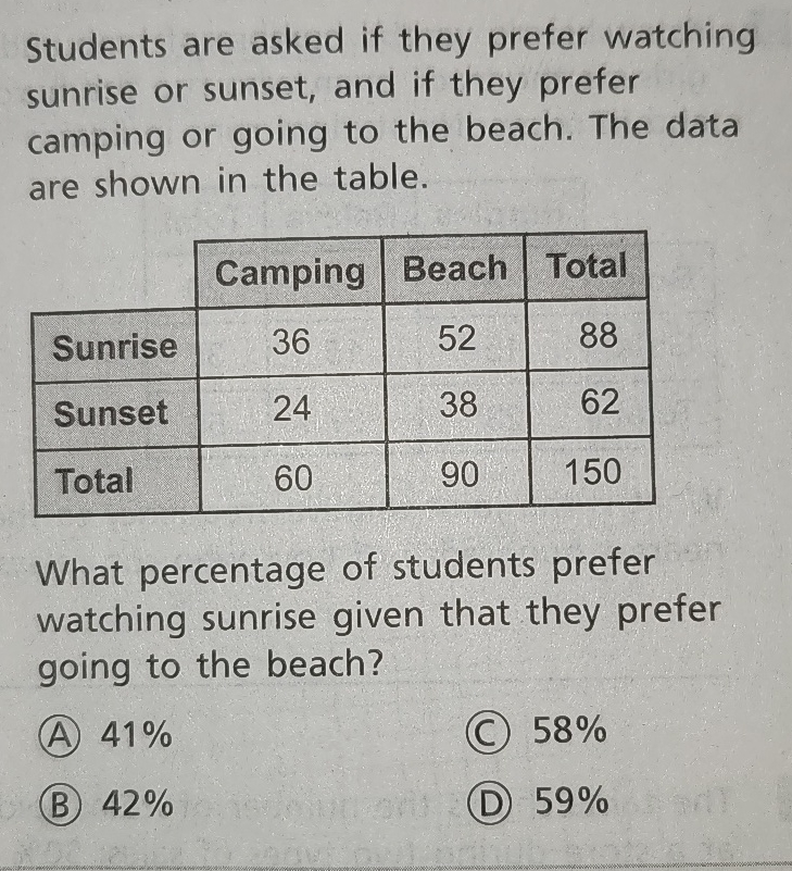 Solved Students are asked if they prefer watching sunrise or | Chegg.com