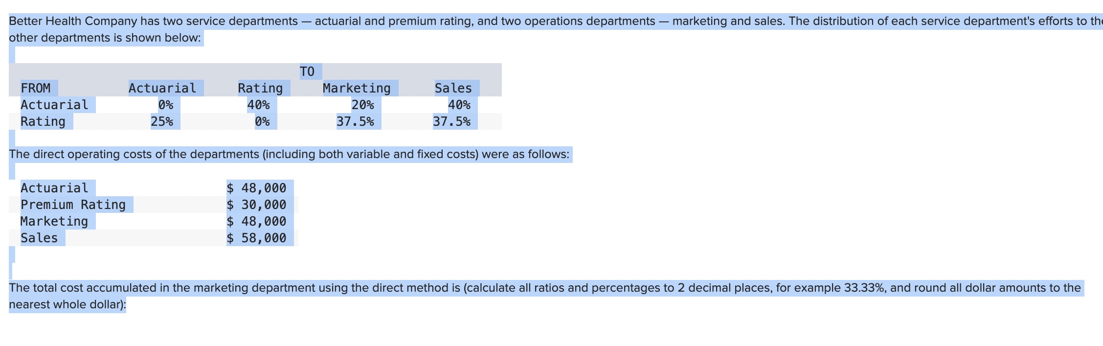 Solved other departments is shown below:The direct operating | Chegg.com