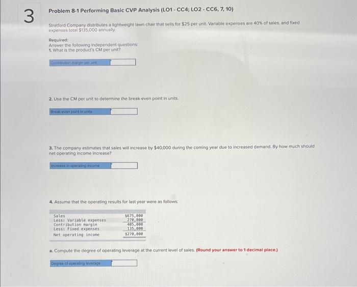 Problem 8-1 Performing Basic CVP Analysis (LO1 - CC4; | Chegg.com