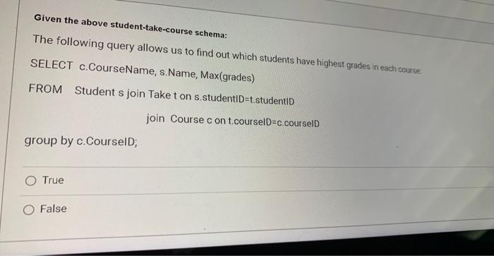 Solved Given the above student-take-course schema: The | Chegg.com