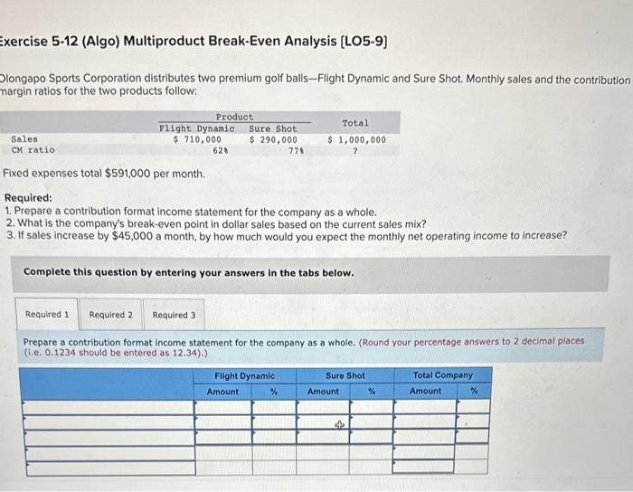 Solved Exercise 5-12 (Algo) Multiproduct Break-Even Analysis | Chegg.com