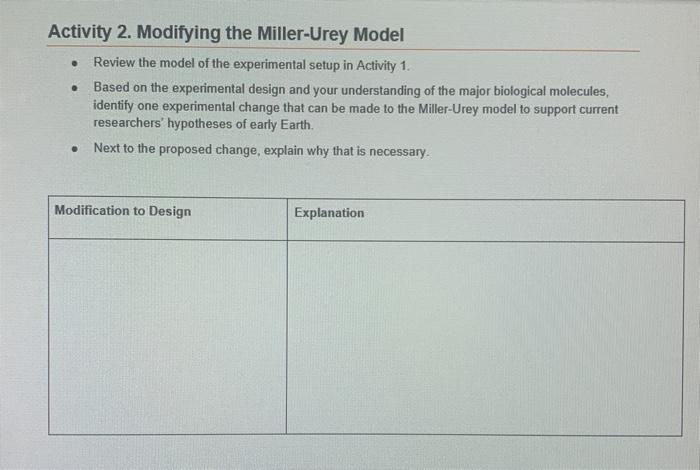. Activity 2. Modifying the Miller-Urey Model Review | Chegg.com