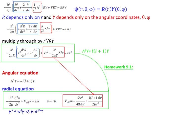 Solved −2μℏ2∂r2∂2+r∂r2∂+r21Λ2)RY+VRY=ERYΨ(r,θ,φ)=R(r)Y(θ,φ) | Chegg.com