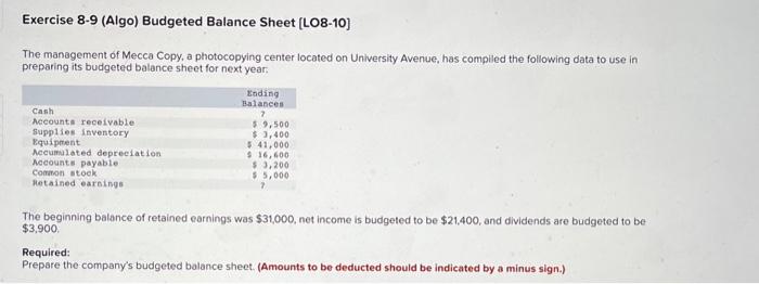 Solved Exercise 8-9 (Algo) Budgeted Balance Sheet [LO8-10] | Chegg.com