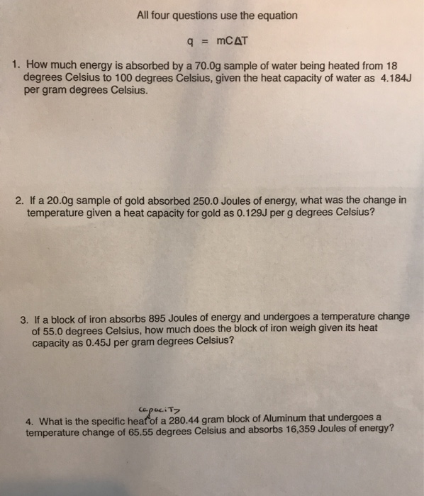 Solved All four questions use the equation q = MCAT 1. How | Chegg.com