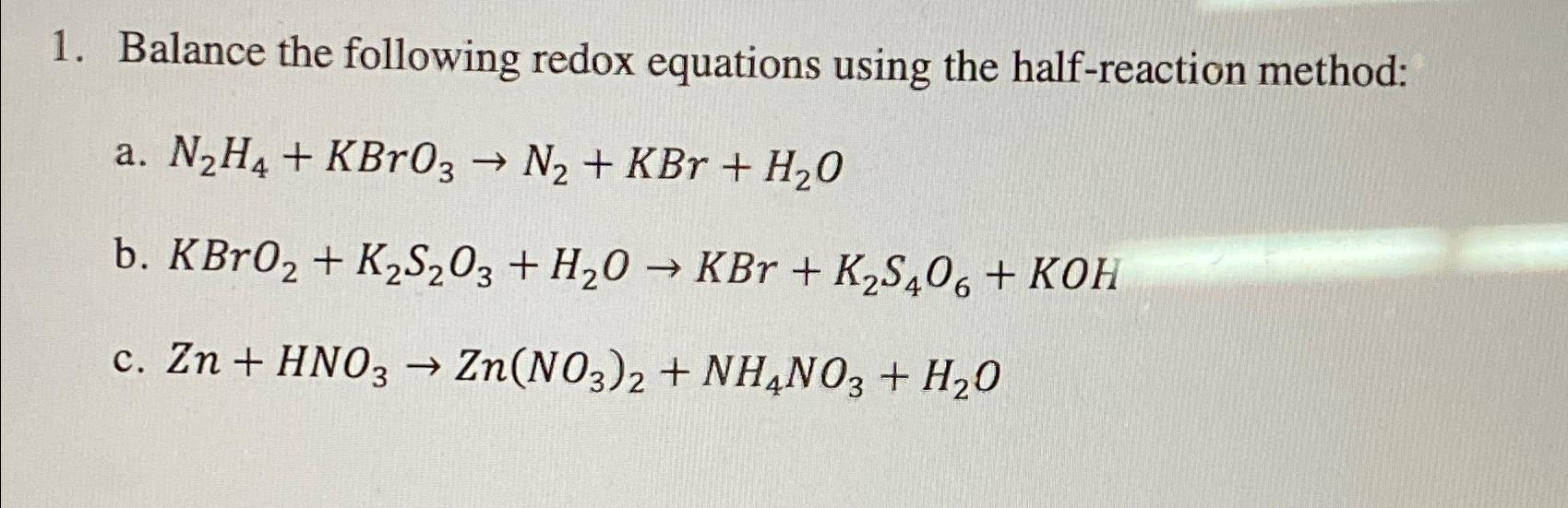 Solved Balance the following redox equations using the | Chegg.com