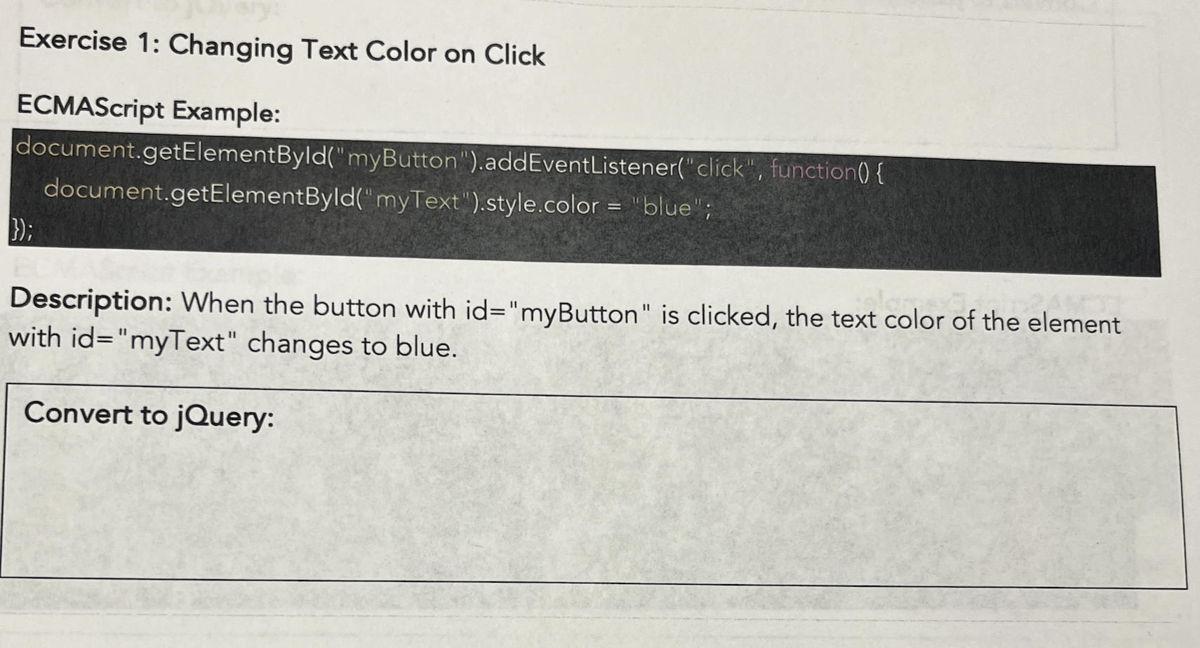 Exercise 1: Changing Text Color on Click ECMAScript | Chegg.com