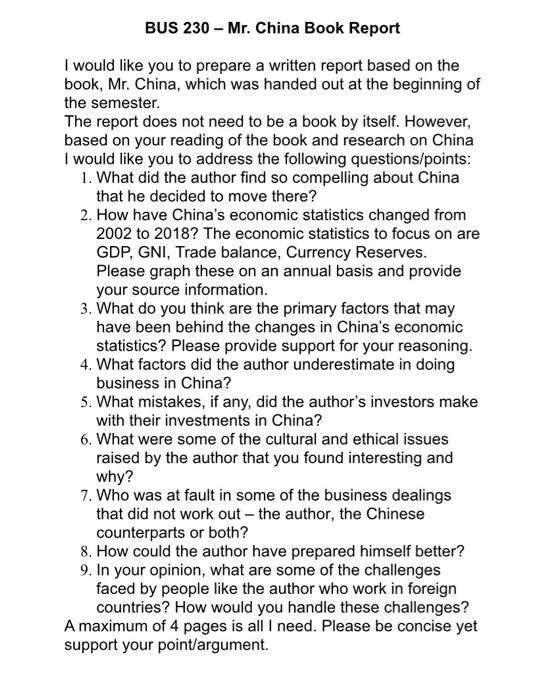 BUS 230 - Mr. China Book Report I would like you to | Chegg.com