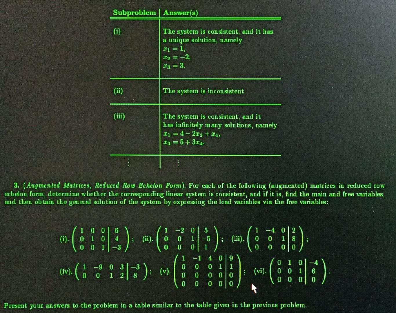 Solved Subproblem Answer(s) (i) The system is consistent, | Chegg.com