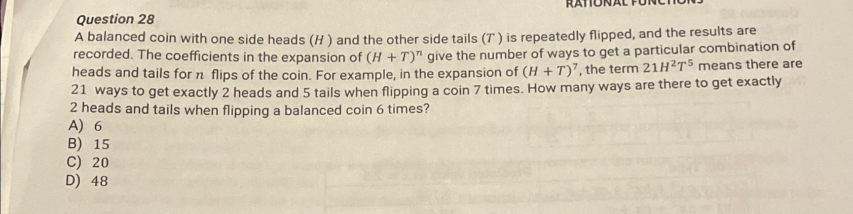Solved Question 28A balanced coin with one side heads (H) | Chegg.com
