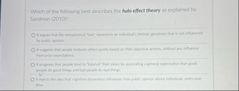 Solved Which of the following best describes the halo effect | Chegg.com