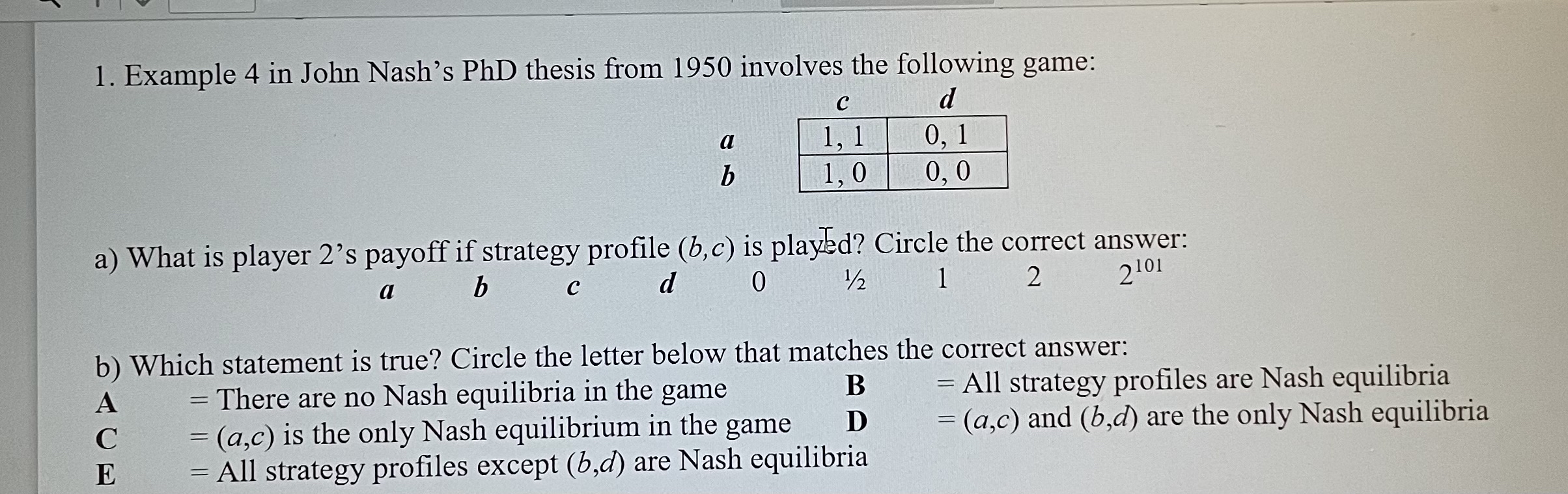 Solved Example 4 ﻿in John Nash's PhD thesis from 1950 | Chegg.com