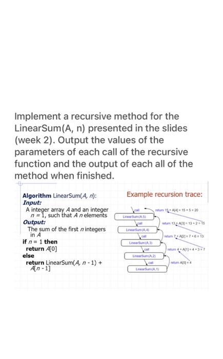 Solved Implement a recursive method for the LinearSum (A,n) | Chegg.com