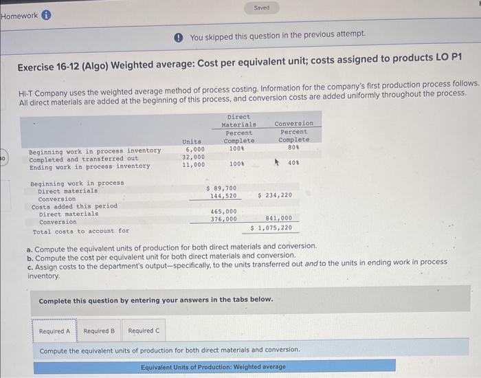 Solved Exercise 16−12 (Algo) Weighted average: Cost per | Chegg.com