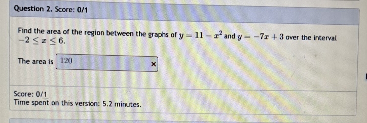 Solved Question 2. ﻿Score: 0/1Find the area of the region | Chegg.com