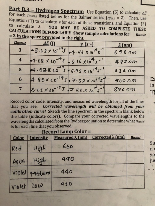 Part B.3 - Hydrogen Spectrum Use Equation (5) to | Chegg.com
