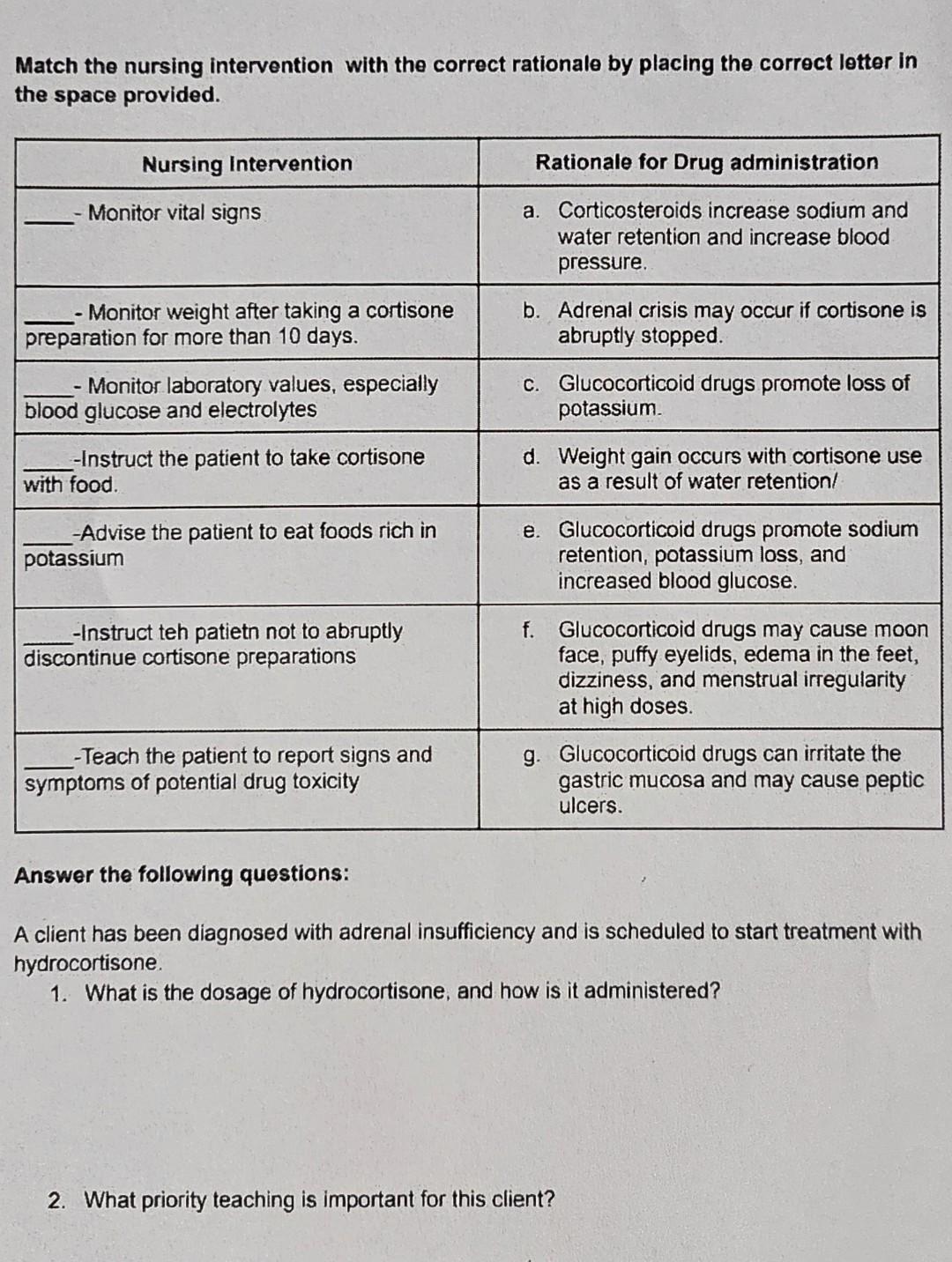 Solved Match the nursing intervention with the correct | Chegg.com