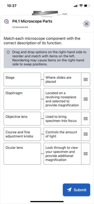 Solved P4.1 Microscope Parts Unanswered Match each | Chegg.com