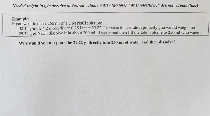 Solved Needed weight in g to dissolve in desired volume =MW | Chegg.com
