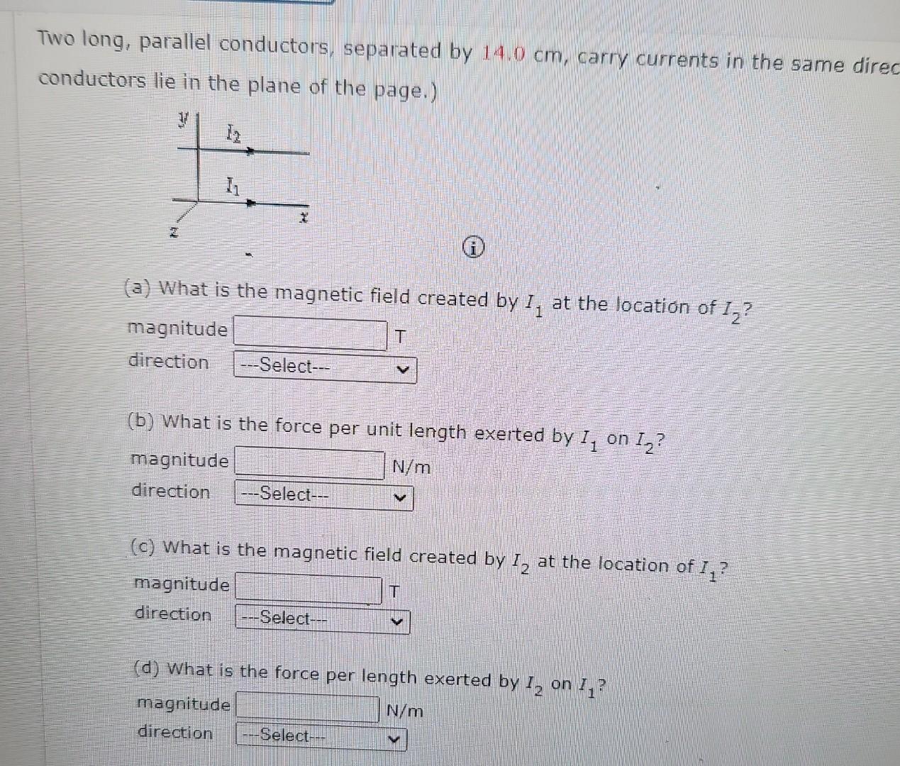 Solved Two long, parallel conductors, separated by 14.0 cm, | Chegg.com