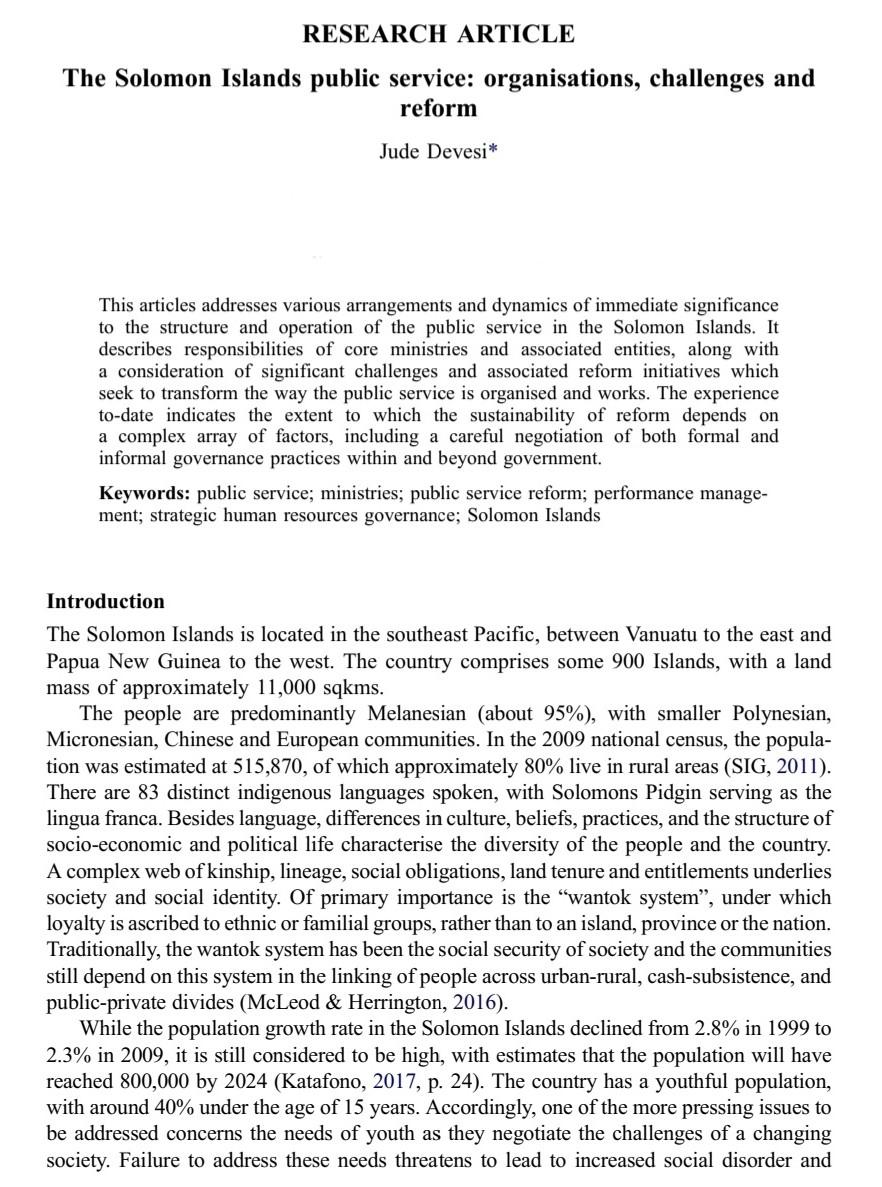 Solved RESEARCH ARTICLE The Solomon Islands public service: | Chegg.com