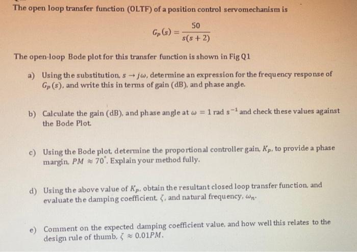 Solved The open loop transfer function (OLTF) of a position | Chegg.com