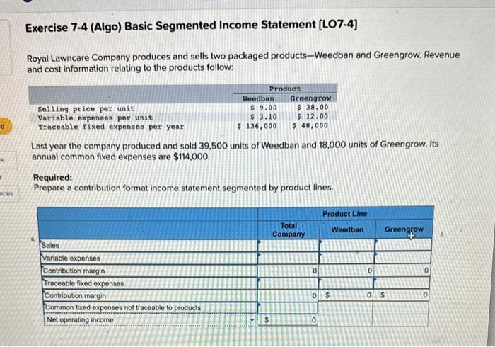 Solved Exercise 7-4 (Algo) Basic Segmented Income Statement | Chegg.com