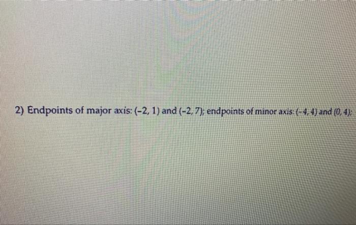 Solved 2) Endpoints of major axis: (-2, 1) and (-2.7); | Chegg.com