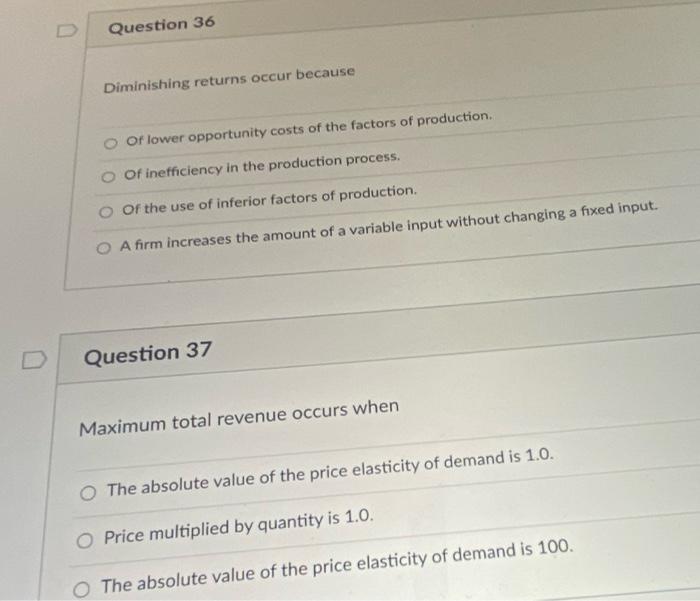 Solved Diminishing returns occur because Of lower | Chegg.com