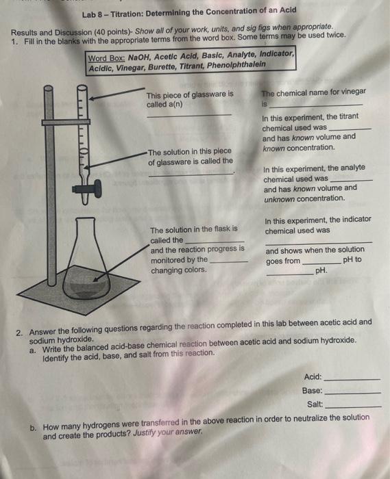 Solved Lab 8 - Titration: Determining the Concentration of | Chegg.com