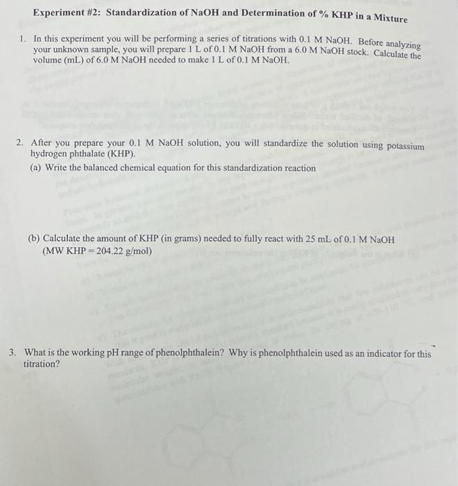 Solved Experiment #2: Standardization of NaOH and | Chegg.com