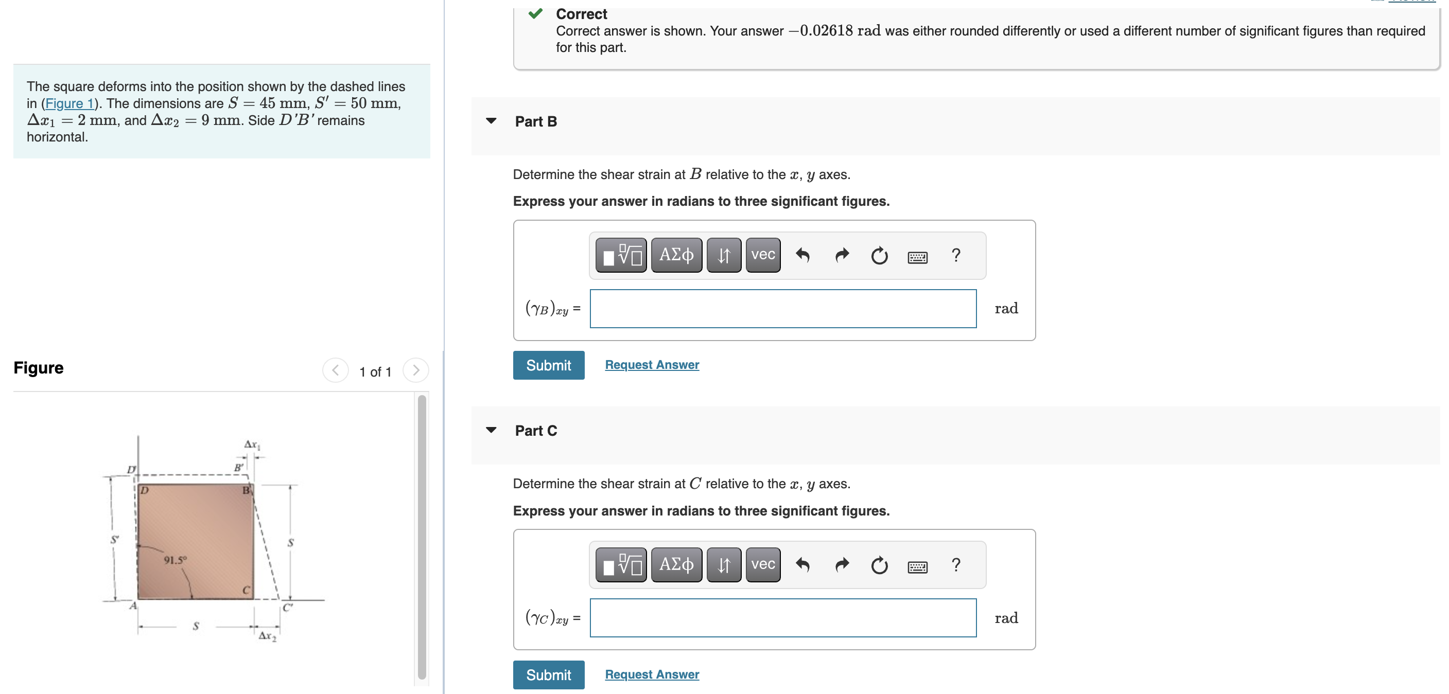 Solved FigureThe square deforms into the position shown by | Chegg.com