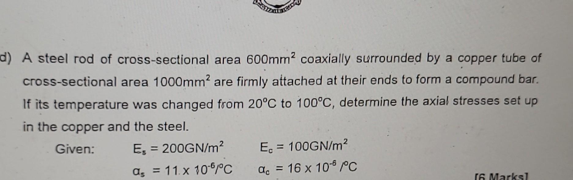 Solved A steel rod of cross-sectional area 600 mm2 coaxially | Chegg.com