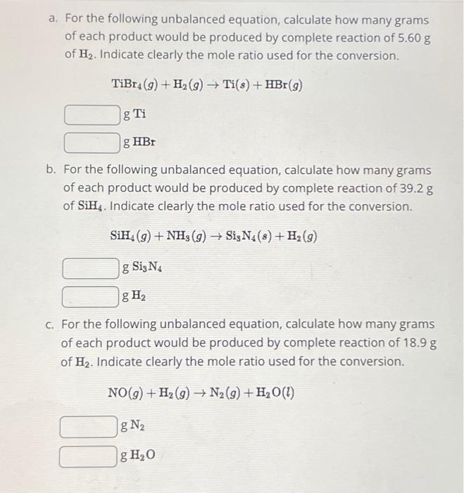Solved a. For the following unbalanced equation, calculate | Chegg.com